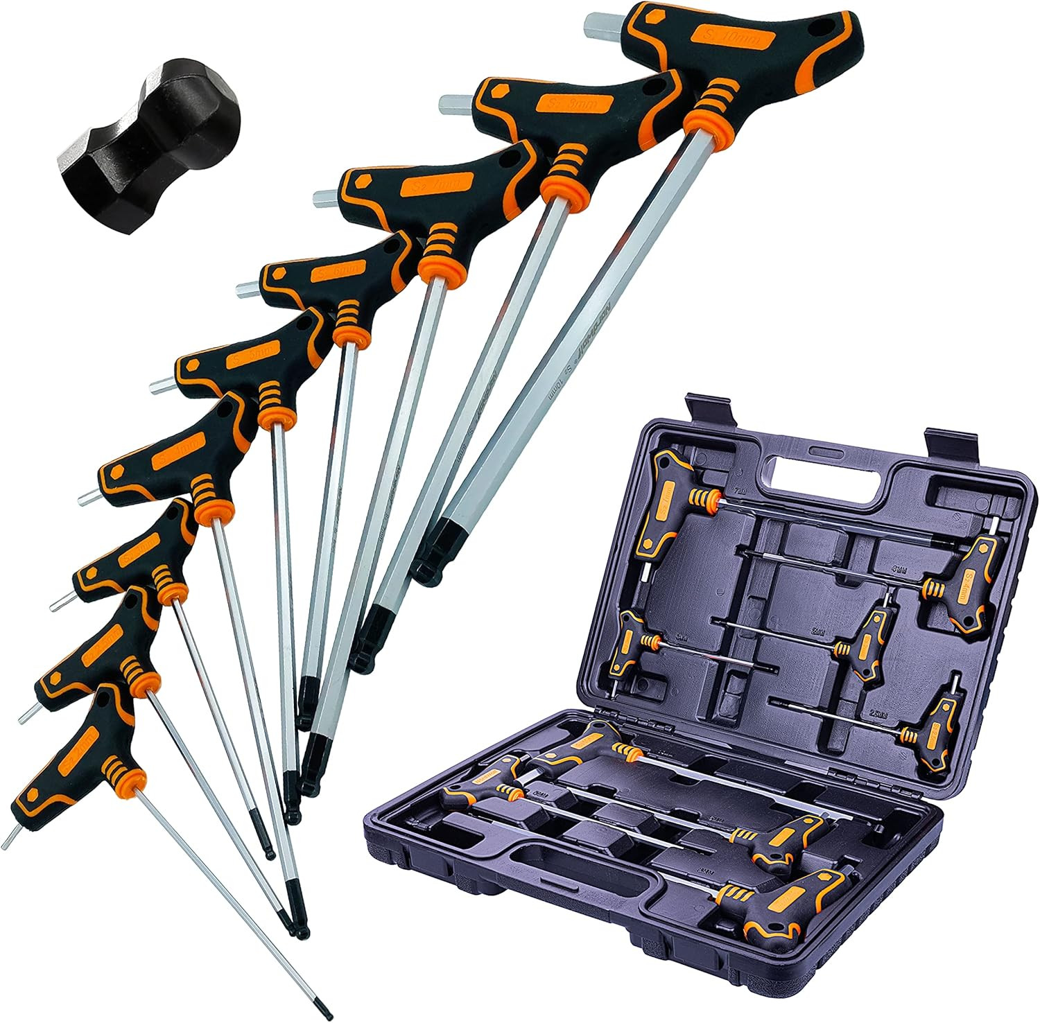 9-Piece T-Handle Metric Allen Wrench Set, S2 Steel Long Arm Ball End Hex Keys, Sizes 2mm to 10mm ...