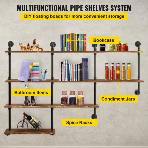 Industrial Pipe Shelving, Pipe Shelves with 4-Tier Wood Planks, Rustic ...