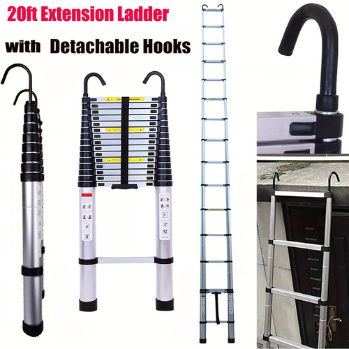 20.3ft Telescoping Ladder with 2 Detachable Hooks, 6.2m Aluminum Multi ...