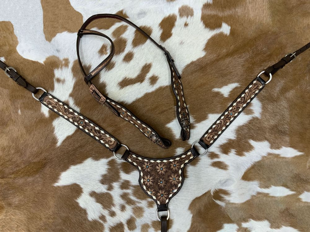 Showman Flower Buckstitch One Ear Headstall and Breast Collar Set ...