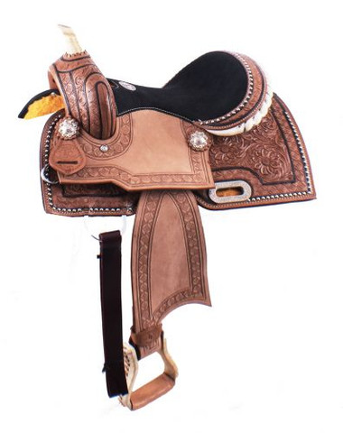 12" Double T Youth Barrel Style Saddle with Hand Floral Tooling - Lazy ...