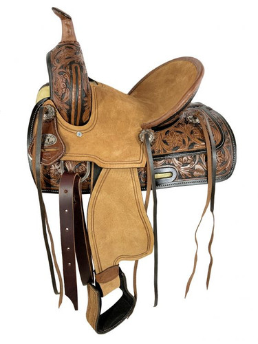 12" Double T Youth ranch style hard seat saddle with a two-tone floral ...