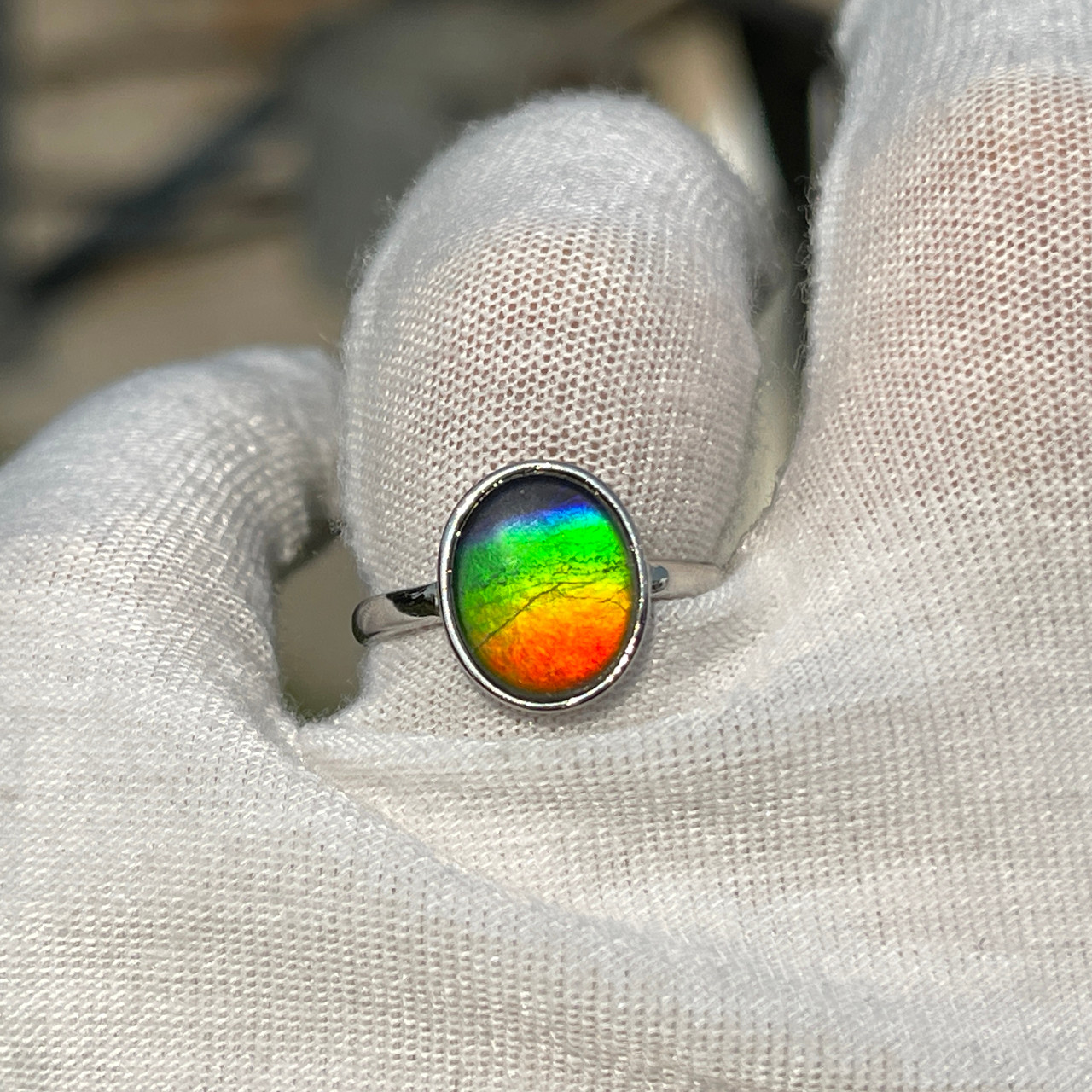 Ammolite Oval Ring Sterling Silver