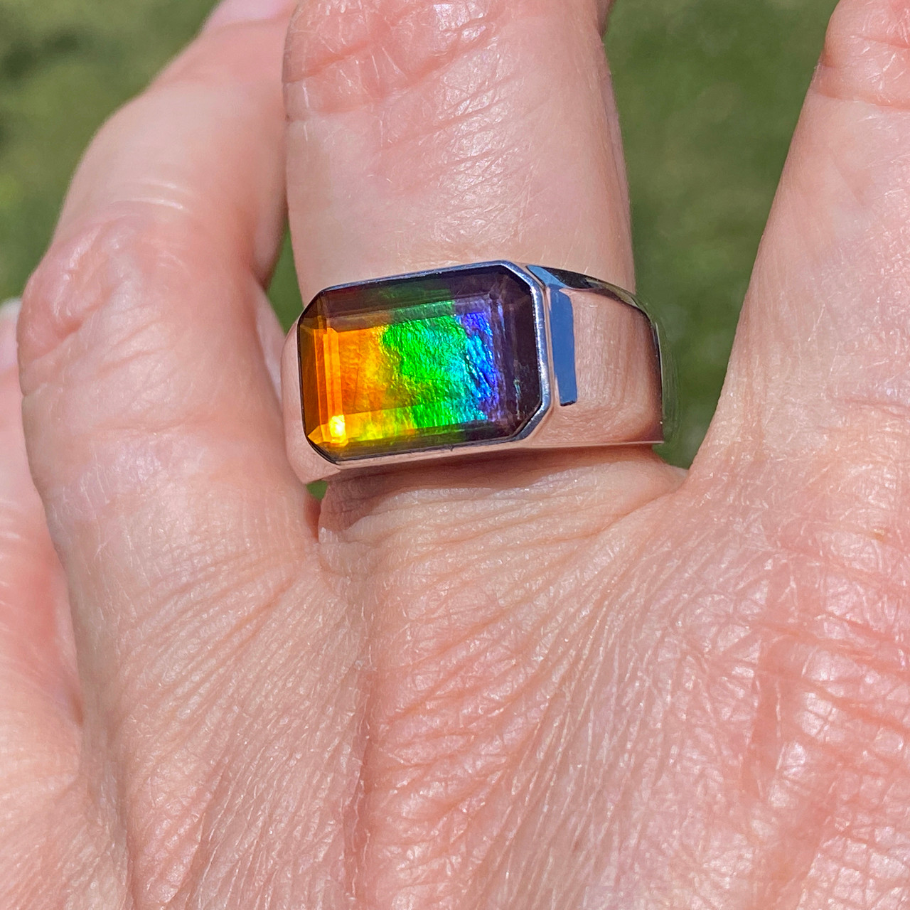 Ammolite Mens Rectangle Faceted Ring Sterling Silver 100SR
