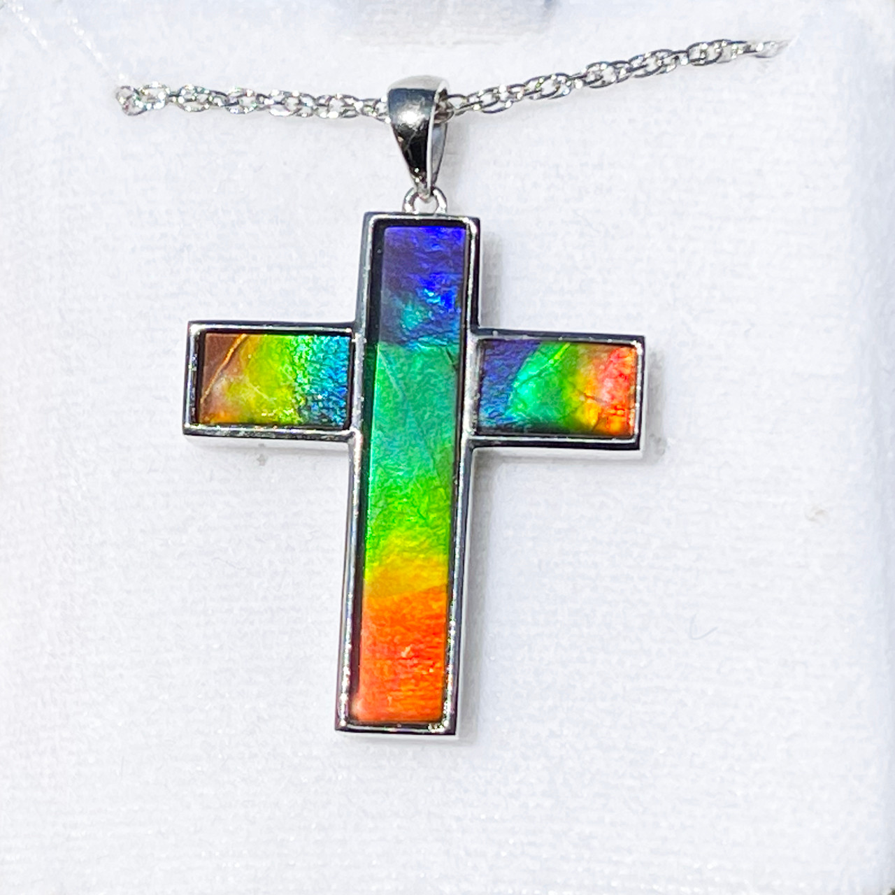 Ammolite Mosaic Block Cross Sterling Silver Pendant 46SP