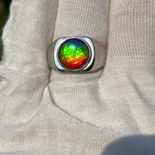 Ammolite Round Mens Ring Sterling Silver Adjustable Unisex