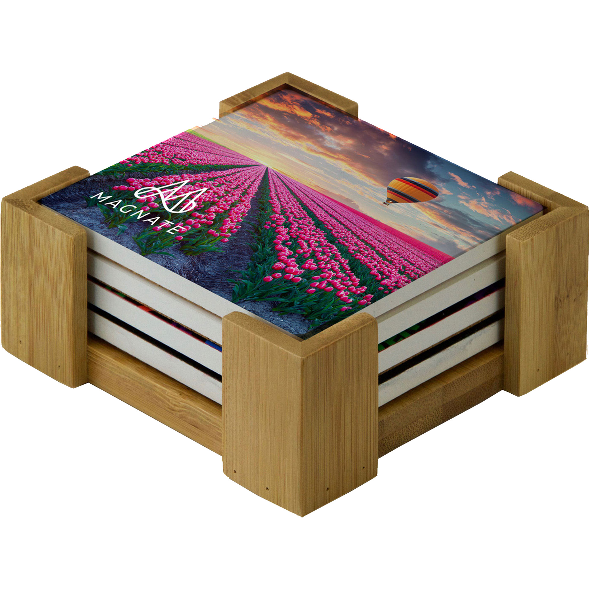 Square Ceramic Coaster: 4 Pc Set with Wood Stand - HPG Brands