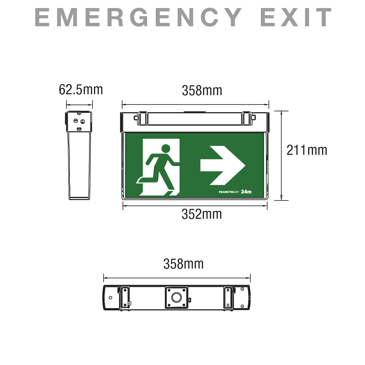 3W Emergency Exit Light LED 24m Viewing Distance Wall or Ceiling ...