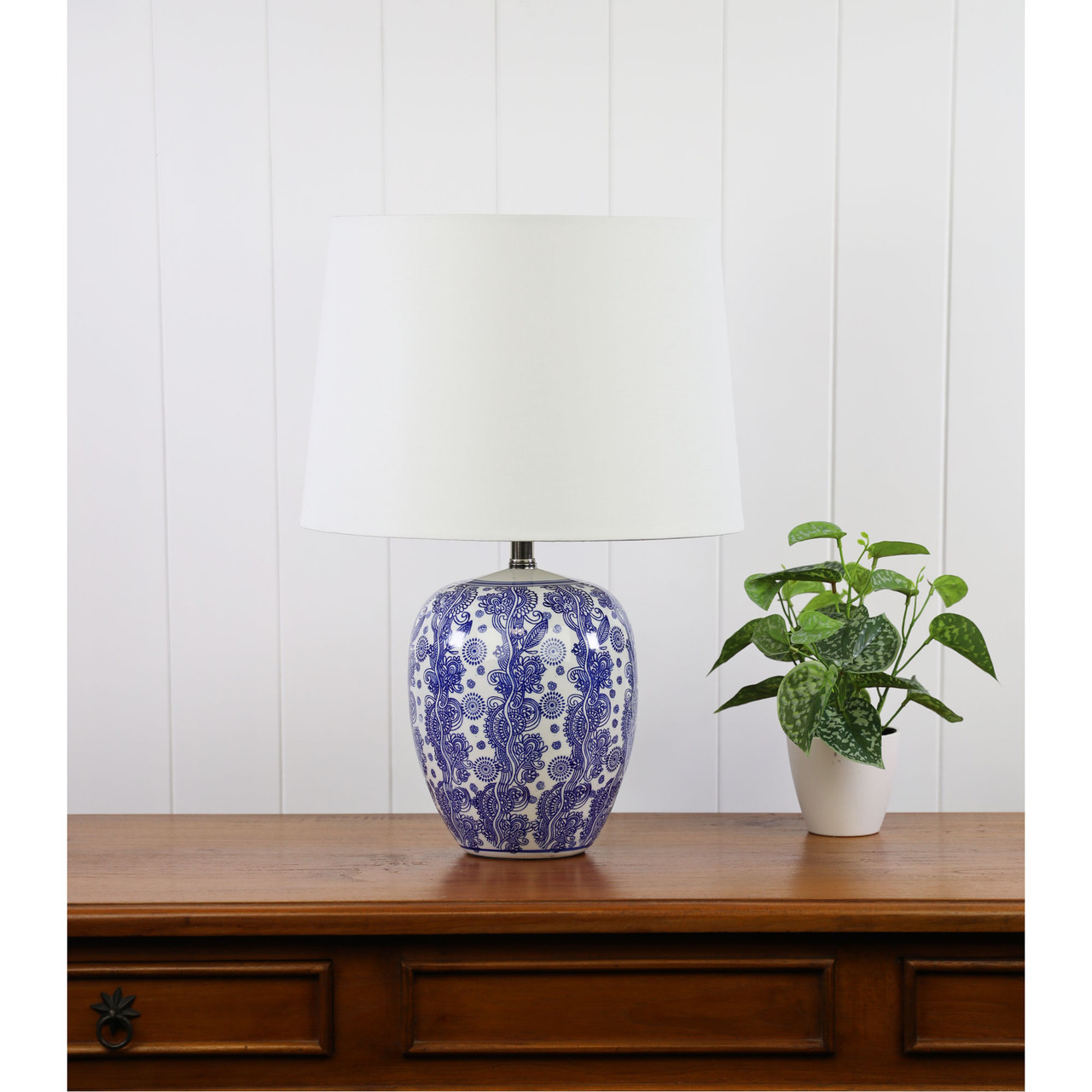 Ceramic Oval Base With Blue Pattern And White Shade Table Lamp E27 40W ...