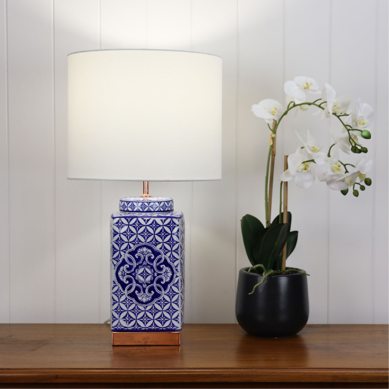 Rectangular Ceramic Base With Blue Pattern And White Shade Table Lamp ...