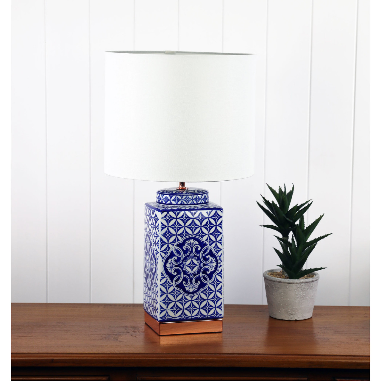Rectangular Ceramic Base With Blue Pattern And White Shade Table Lamp ...