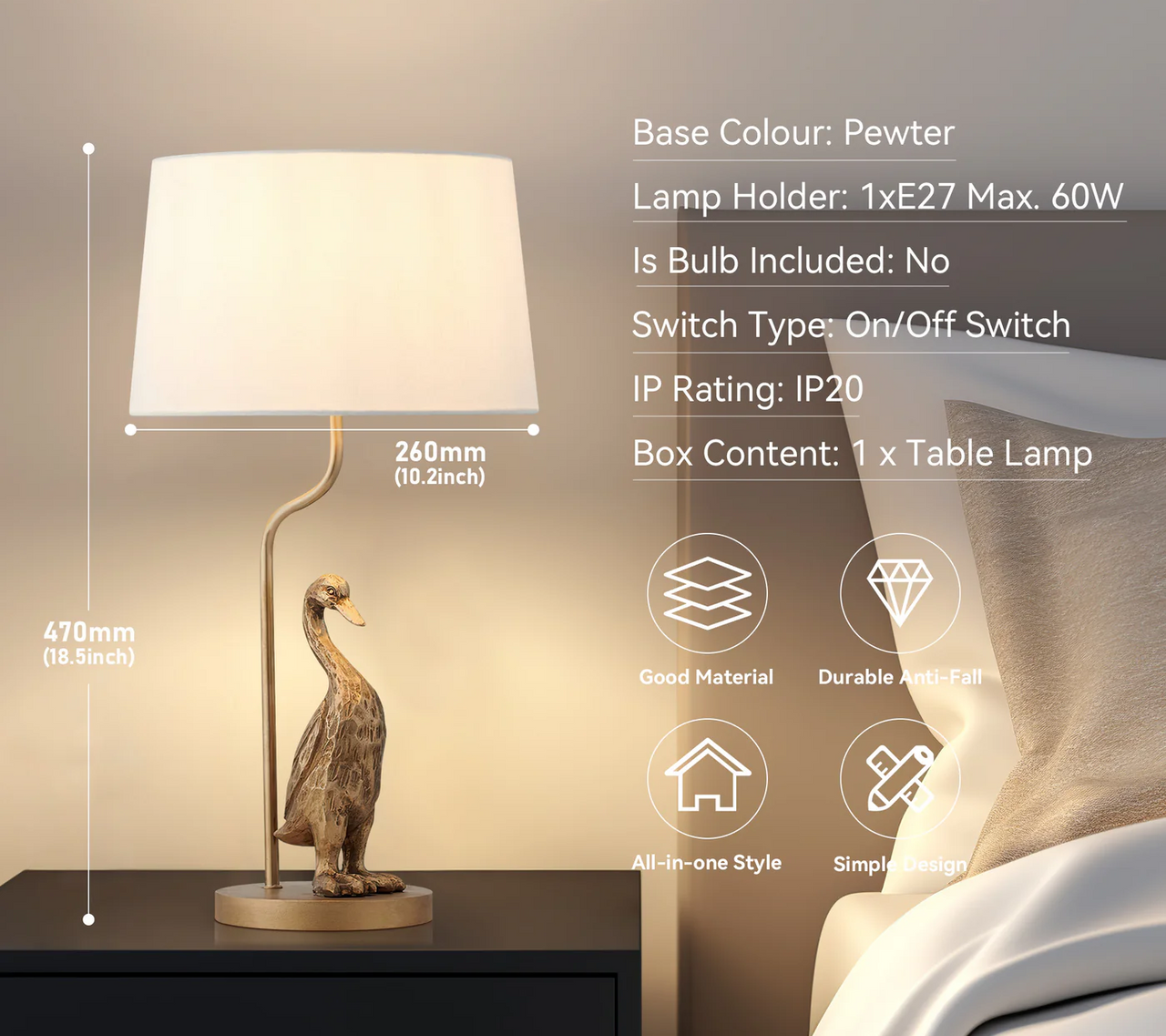 Table Lamp Pewter and Cream Shade E27 60W IP20 47cm | Lighting Style