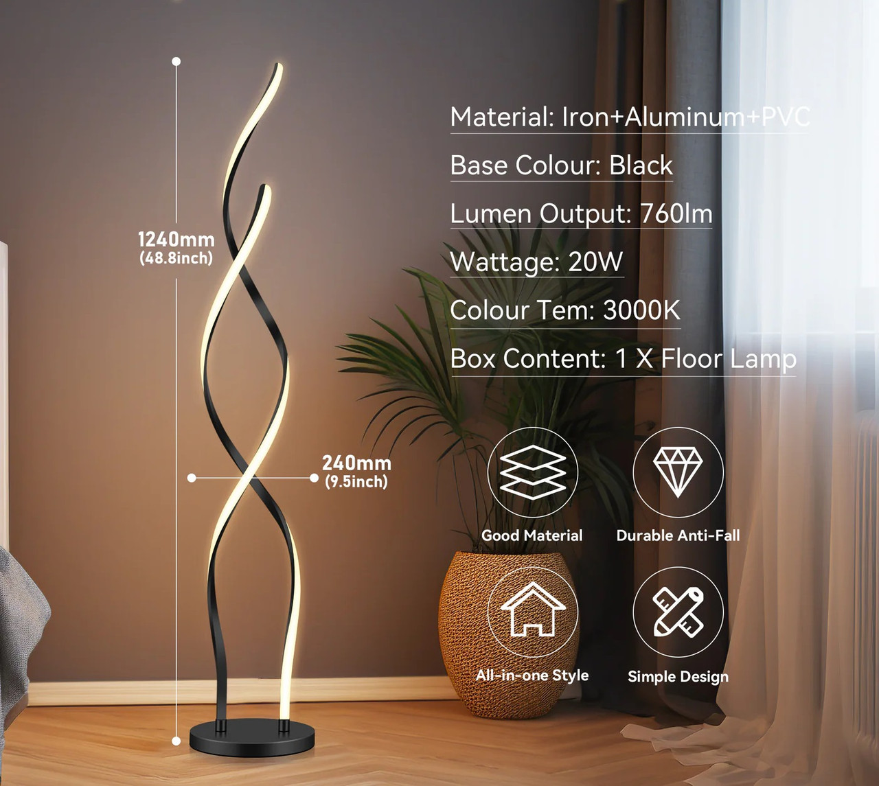 LED Floor Lamp Black Swirl Design 124cm 3000K 760lm 20W IP20 | Lighting ...