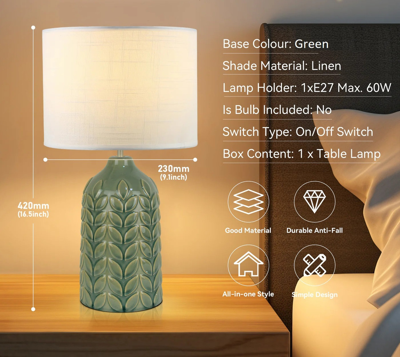 Table Lamp Green Ceramic Base With Linen Shade E27 60W | Lighting Style
