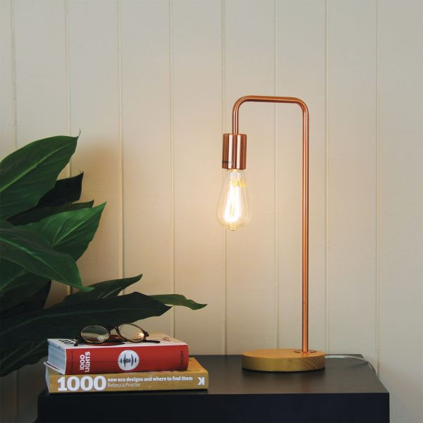 Copper Linear Table Lamp Base Teak with Arm | Lighting Style