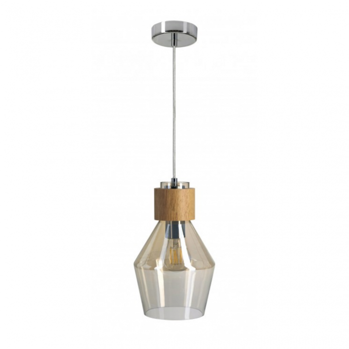 Cognac Tinted Glass With Wood Feature Pendant Light E27 60W | Lighting ...
