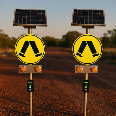 Solar Pedestrian Signs Pair Button Activated Flashing Lights Heavy Duty ...