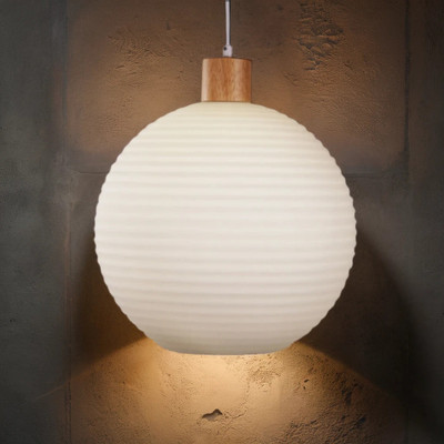 Round Pendant Light Timber Ribbed Opal Glass 30cm E27 60W | Lighting Style