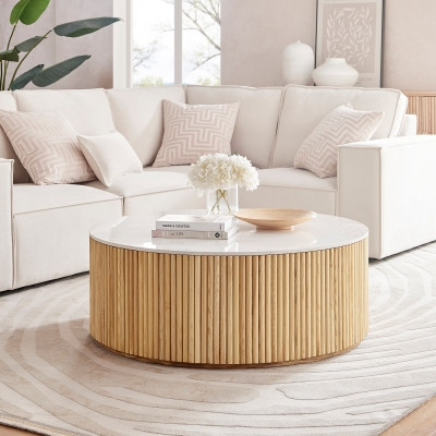 Inez Ceramic Top 39.5" Round Coffee Table, Marble/Natural