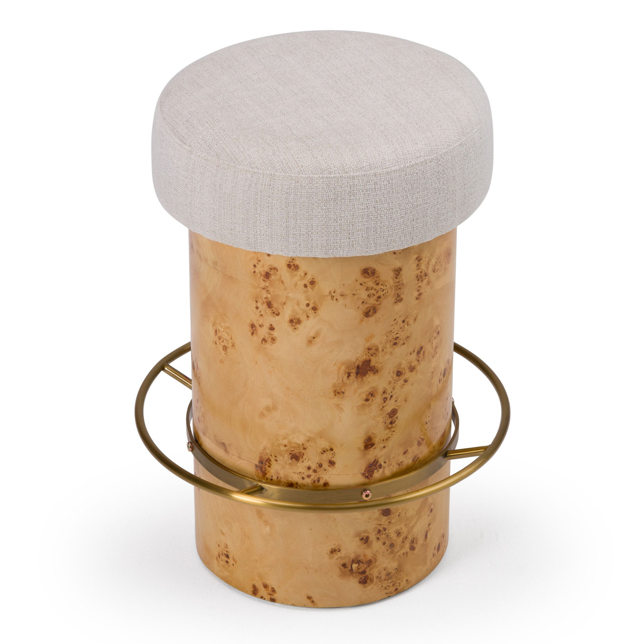 June Burl Wood and Antique Brass Counter Stool, Cream Fabric