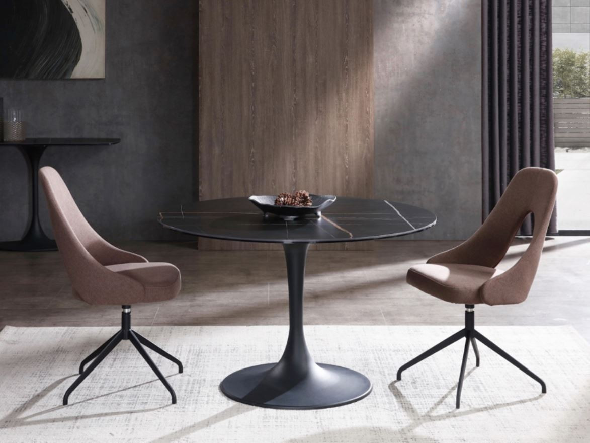 Pedestal Design 47" Black Ceramic Marble Dining Table, Black Base