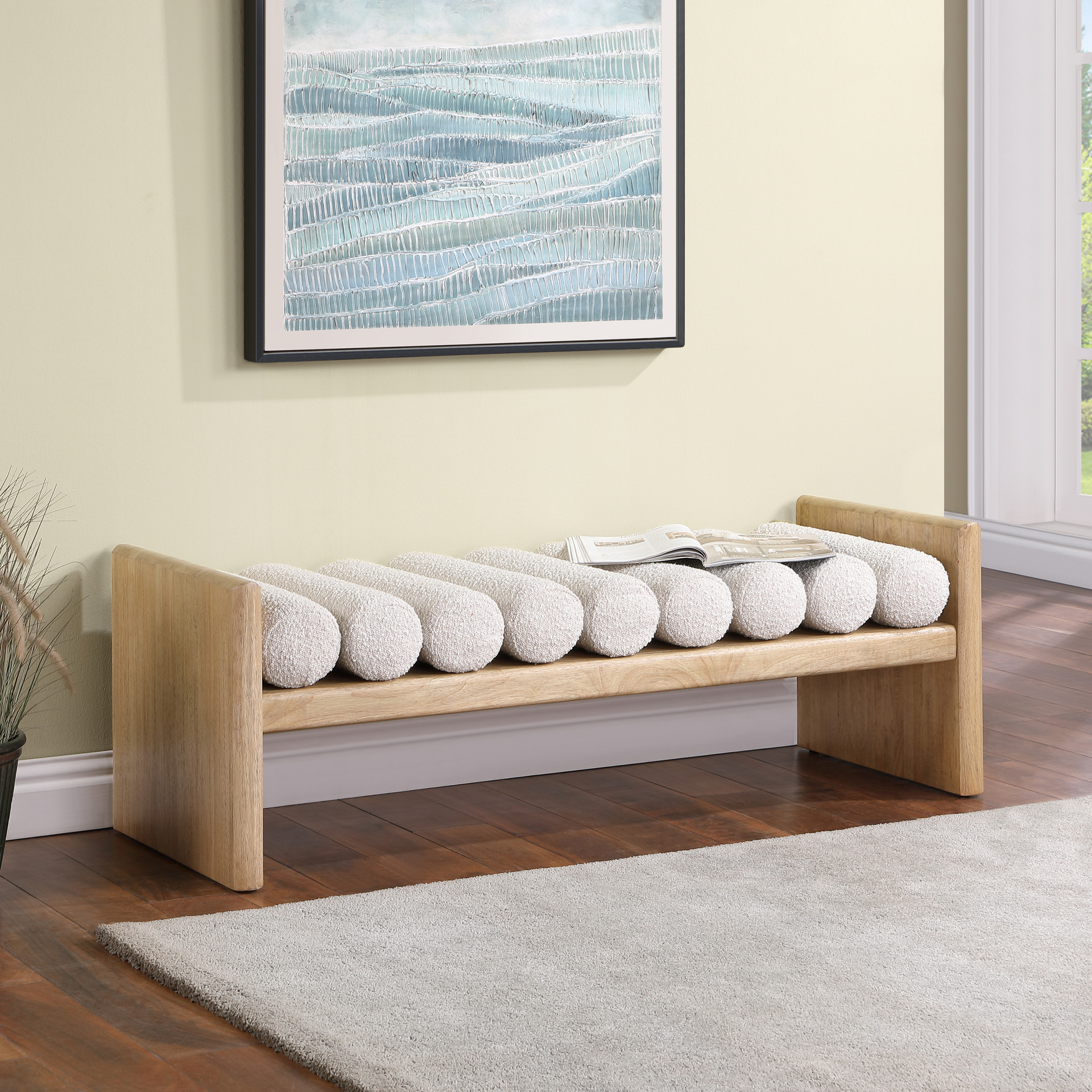 Rollie 52" Natural Wood Bench, Cream Boucle Fabric