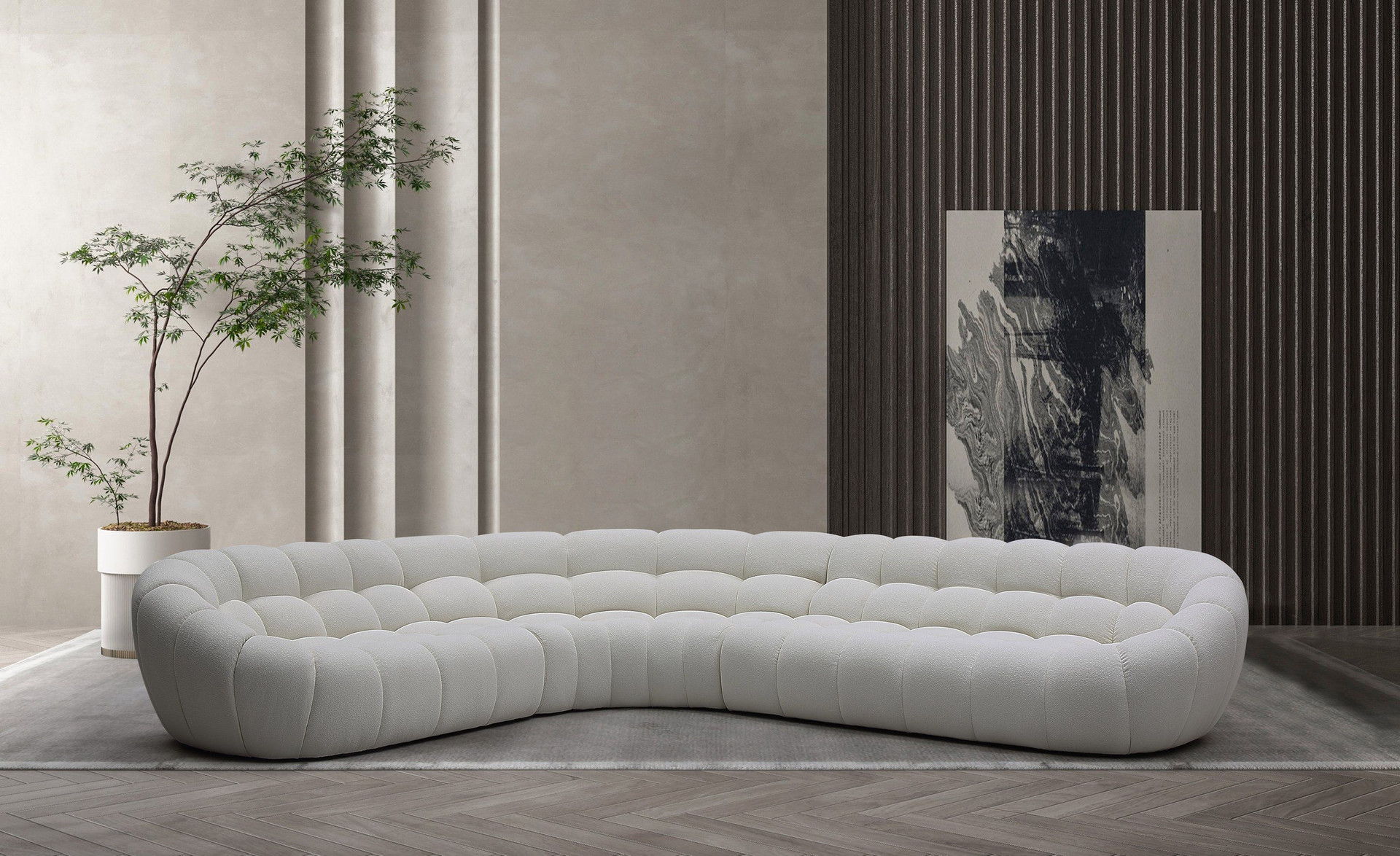 Yarrow Curved Off-White Fabric Short Sofa