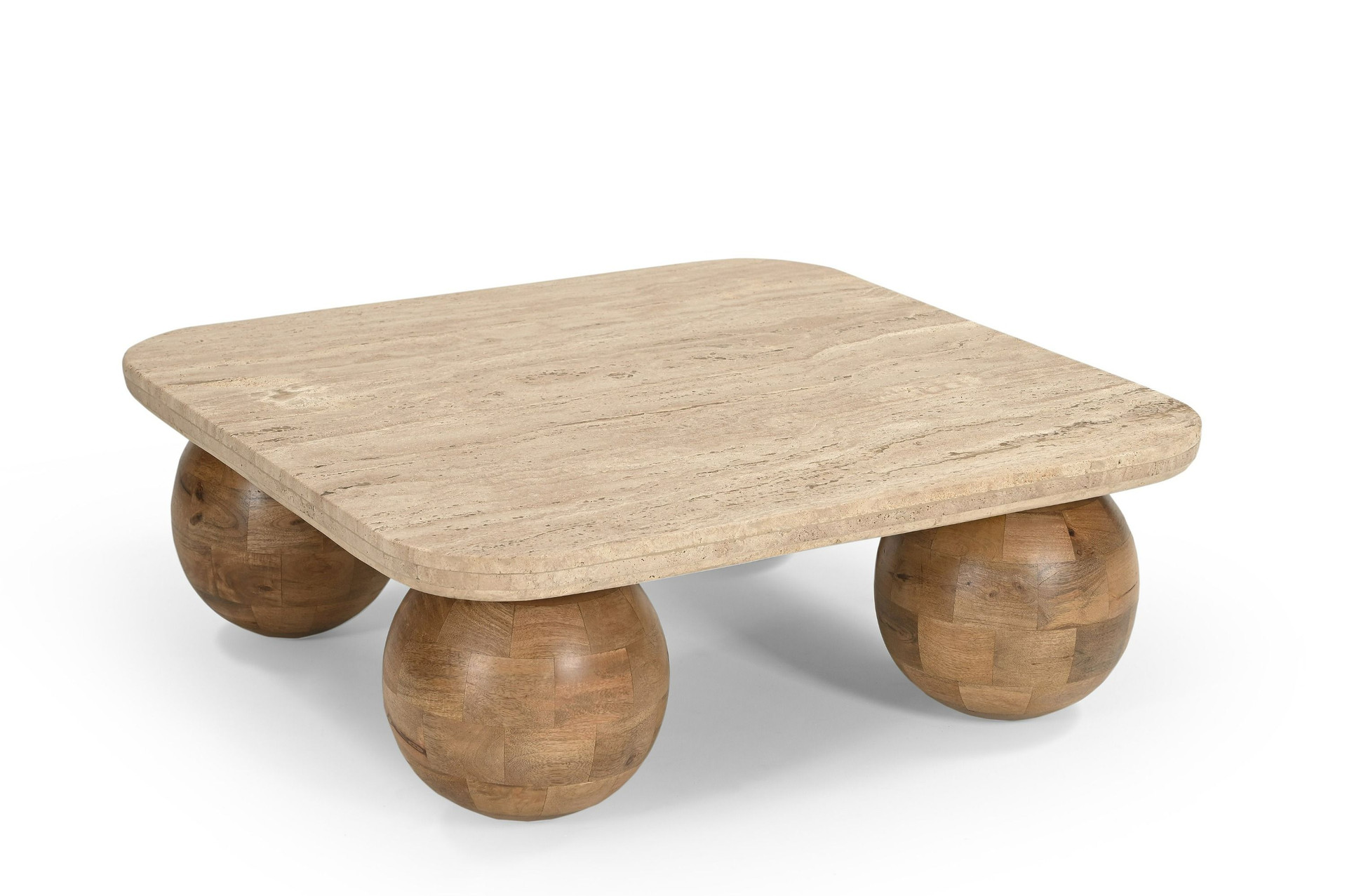 Kelly Travertine Marble and Wood Oval Coffee Table