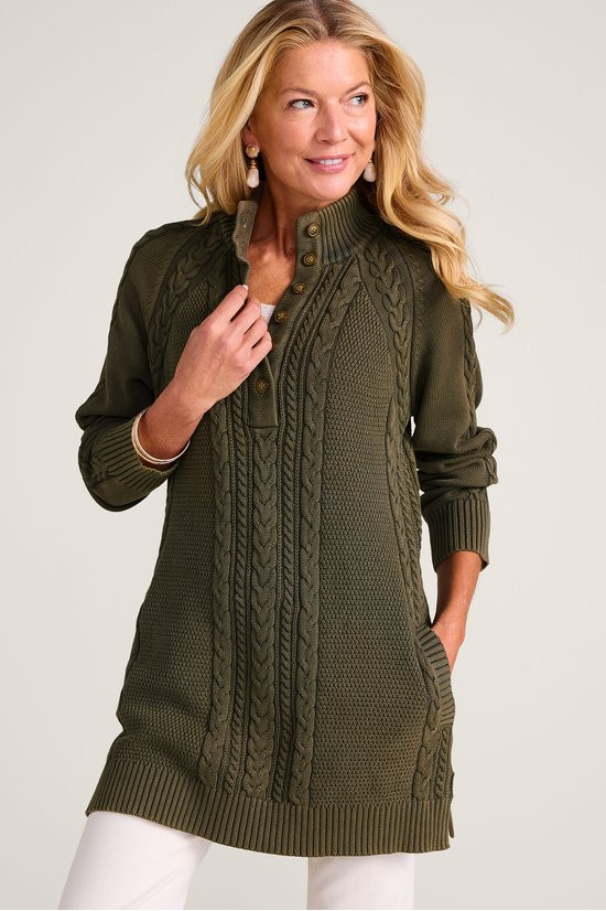 Button Placket Cable Tunic Sweater