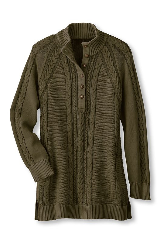 Button Placket Cable Tunic Sweater
