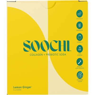 Soochi Lemon & Ginger Collagen + Probiotic Soda 4 x 320ml - SPOIL.co.nz