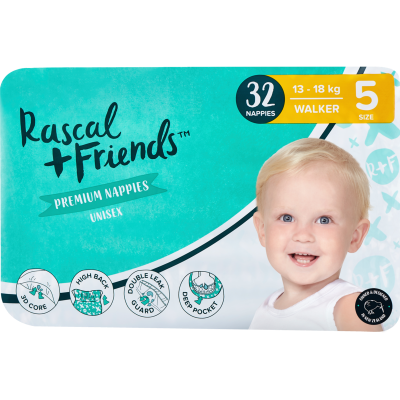 Rascal and Friends Premium Nappies Unisex 13-18kg Walker 32pk - SPOIL.co.nz