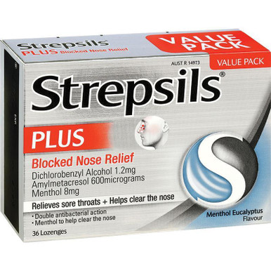 Strepsils Plus Blocked Nose Relief Menthol Eucalyptus Flavour Lozenges ...
