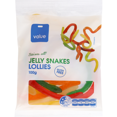 Value Jelly Snakes Lollies Confectionery 100g - SPOIL.co.nz