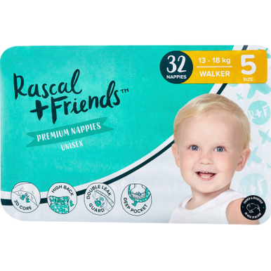 Rascal and Friends Premium Nappies Unisex 13-18kg Walker 32pk - SPOIL.co.nz