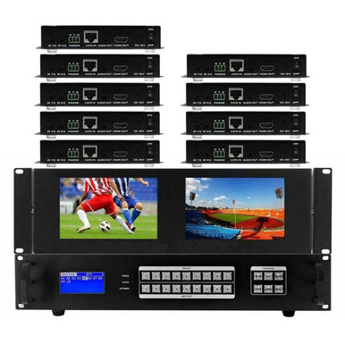 2x6 HDMI Matrix Switcher w/Dual Monitors & HDBaseT CAT6 Extenders, WolfPack