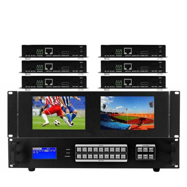 6x6 HDMI Matrix Switcher w/Dual Monitors & HDBaseT CAT6 Extenders, WolfPack