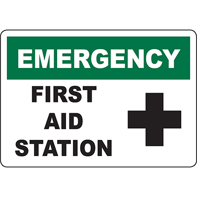 EMERGENCY First Aid Station Sign w/Symbol - DuraLabel