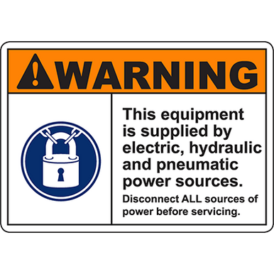 WARNING Supplied By Electric Hydraulic Pneumatic Sources Sign - DuraLabel
