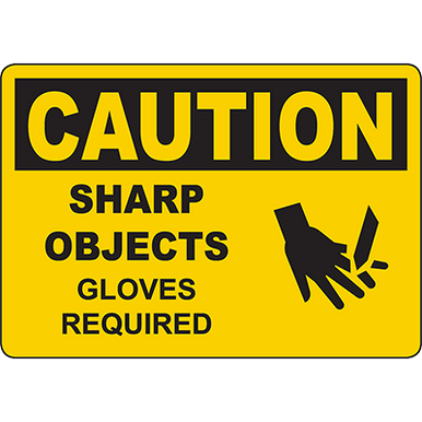CAUTION Sharp Objects Gloves Required Sign w/Symbol - DuraLabel