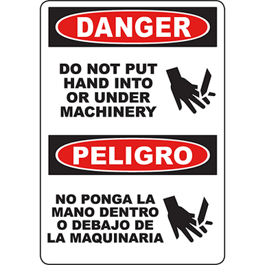 DANGER Do Not Put Hand Into Or Under Machinery Bilingual Sign | Graphic ...