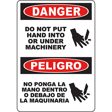 DANGER Do Not Put Hand Into Or Under Machinery Bilingual Sign - DuraLabel