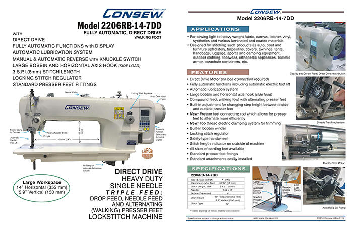 Consew 2206RB-14-7-DD Single Needle Direct Drive Compound Walking Foot ...