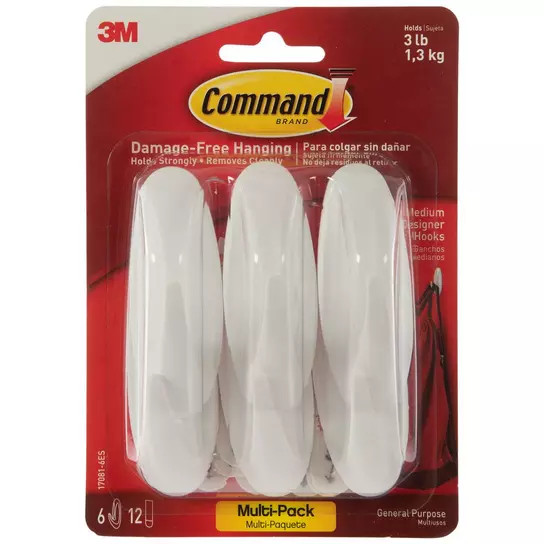 Command Medium Designer Wall Hooks - White, 6 Hooks + 12 Strips - 3 lb