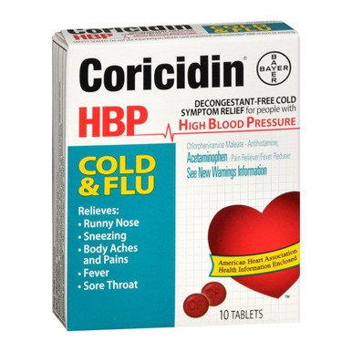 Coricidin HBP Cold and Flu Relief Tablets for High Blood Pressure ...