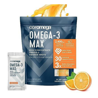 Coromega Max Omega-3 Fish Oil Citrus Burst Squeeze Shots for Heart and ...