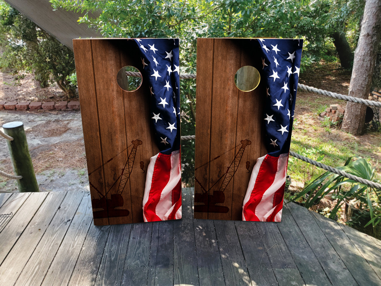 American Flag Wood Grain Cornhole Wraps / Skins
