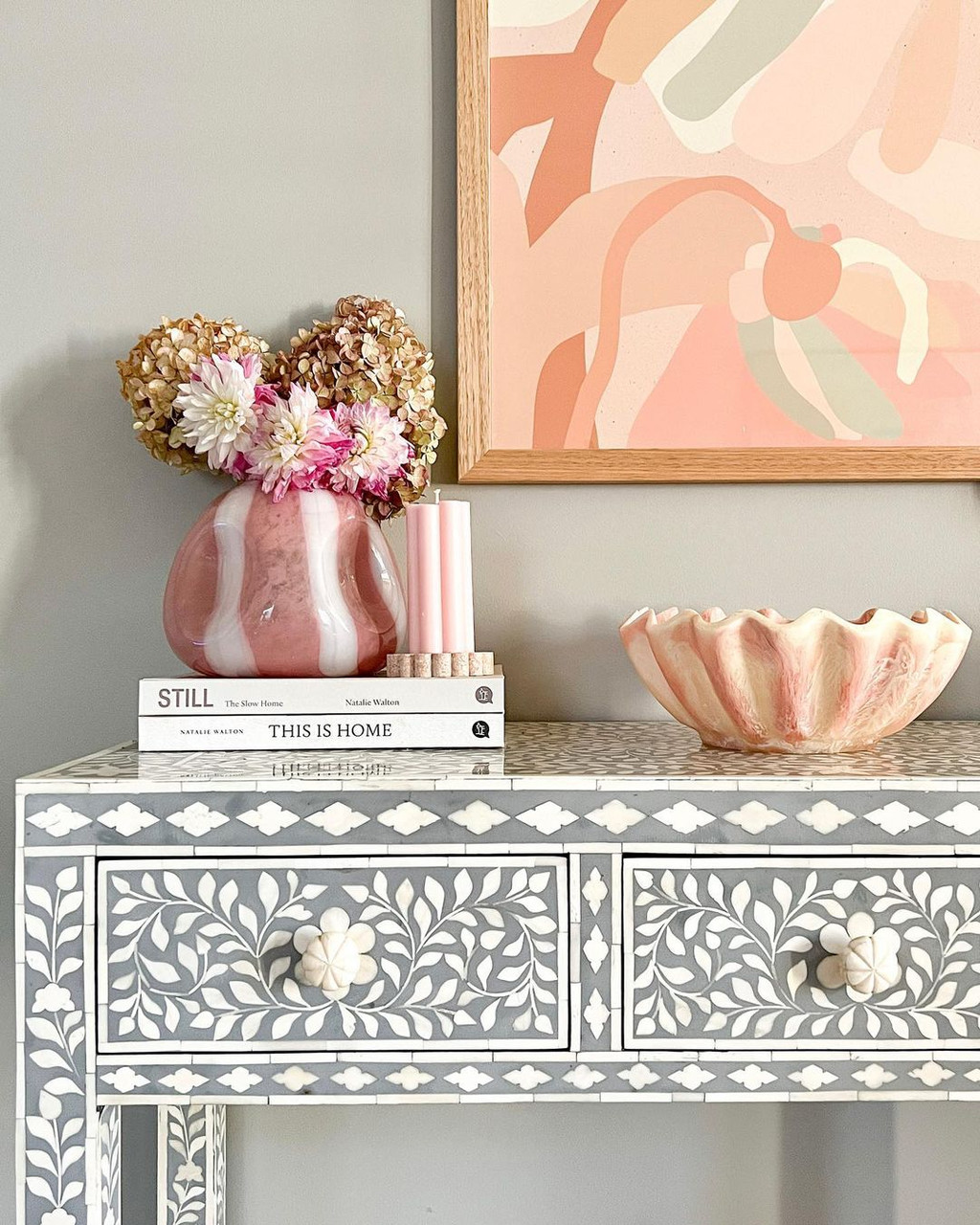 Mahlia Interiors Bone Mother of Pearl Inlay Specialist Bone Inlay Console Floral Grey