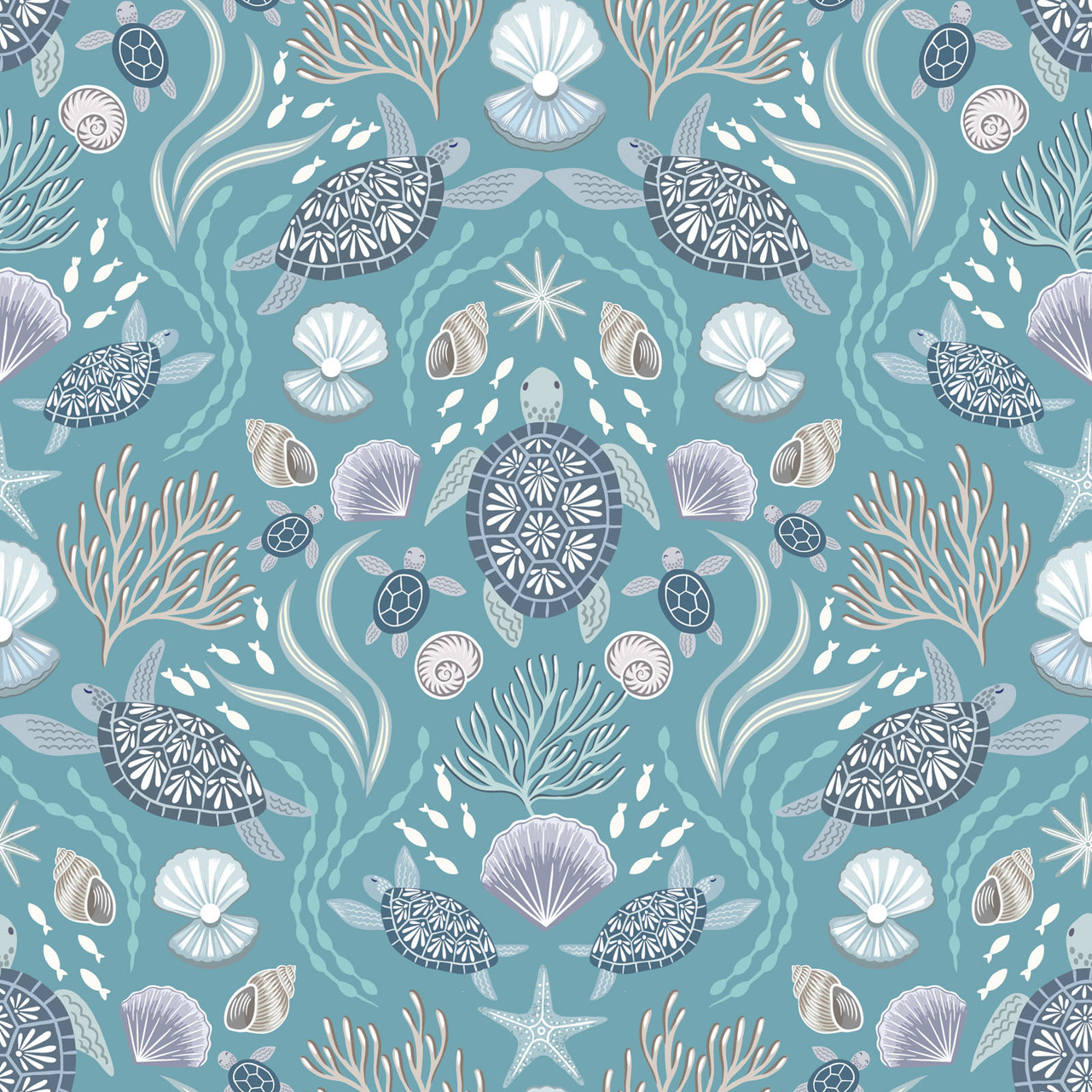 LEWIS & IRENE, OCEAN PEARLS, Sea turtle family on Ocean blue with pearl ...