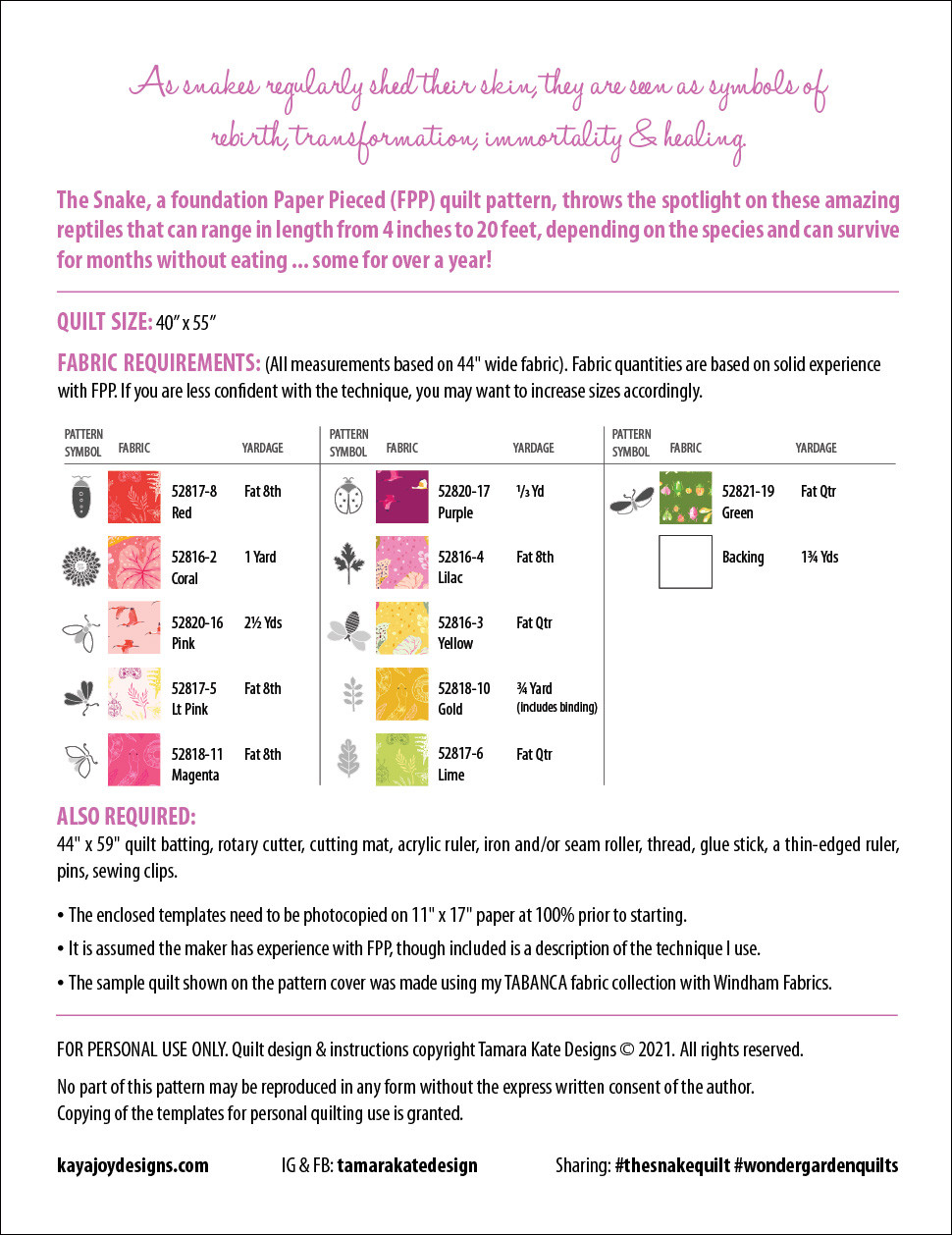 Tamara Kate WONDERGARDEN Series, NO.7 THE SNAKE Quilt Paper Pattern ...